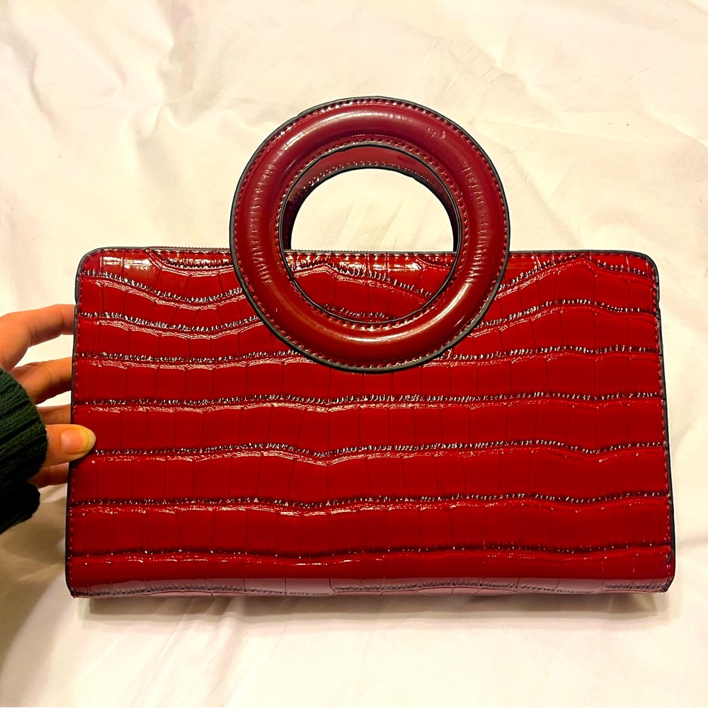 Ox Blood Red Faux Leather Crocodile Texture Purse - Gem